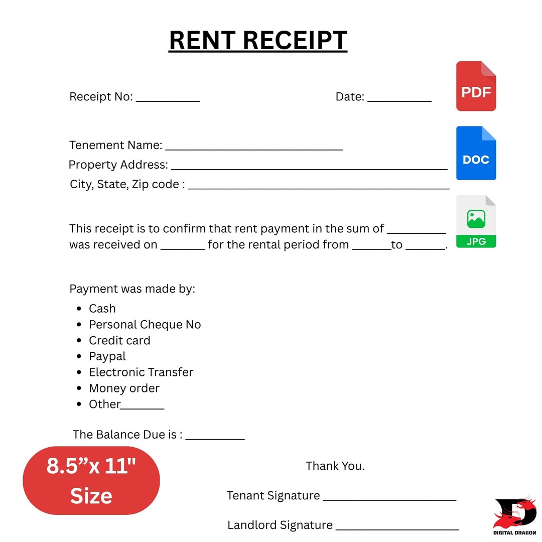 Editable Rent Receipt Template | Landlord Tenant Form (PDF & Word) - Etsy