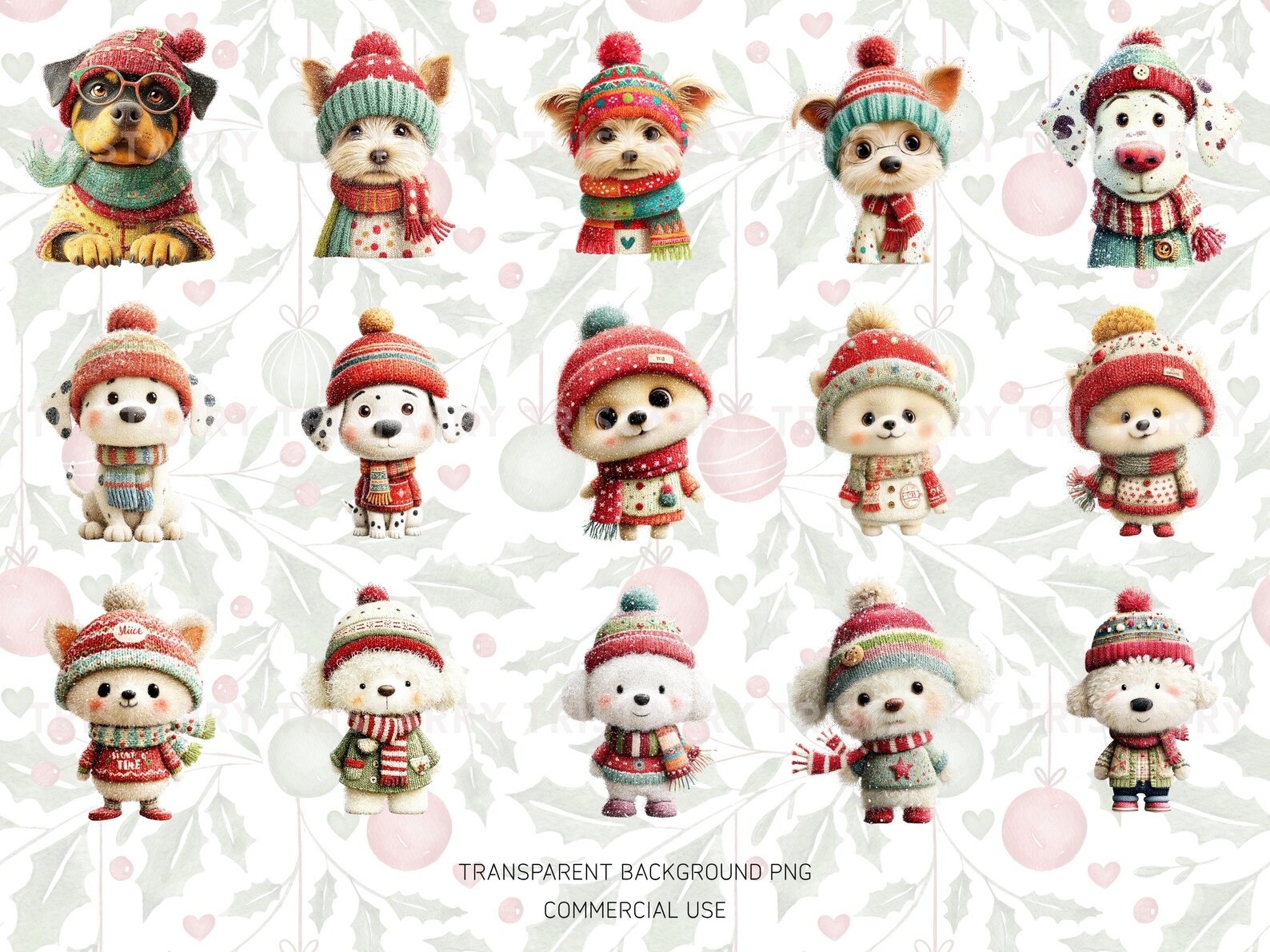 Christmas Dogs Clipart Set: 60 Avatars Transparent PNG (digital ...