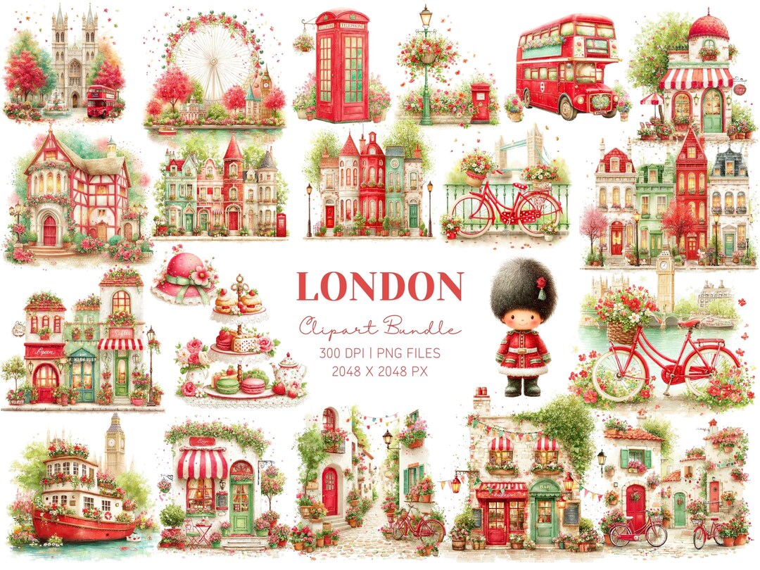 Travel London Clipart Bundle: 68 Watercolor Transparent PNG (digital ...