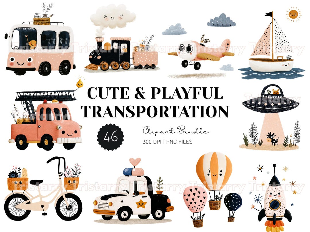 Playful Transportation Clipart Set: 46 Watercolor Transparent PNG ...