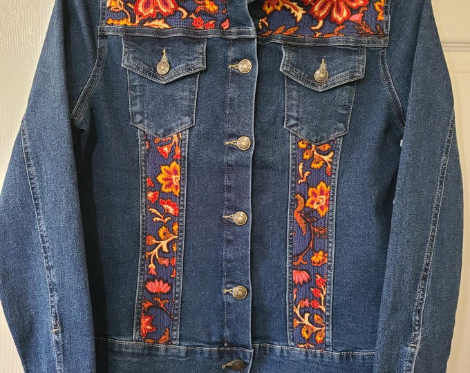 Denim Womens Jacket Blue Jean Coat in Size Small. Embellished Upscaled ...