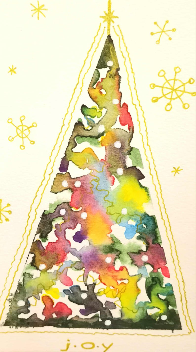 Original Watercolor Christmas Card: Abstract Tree With Red Envelope - Etsy