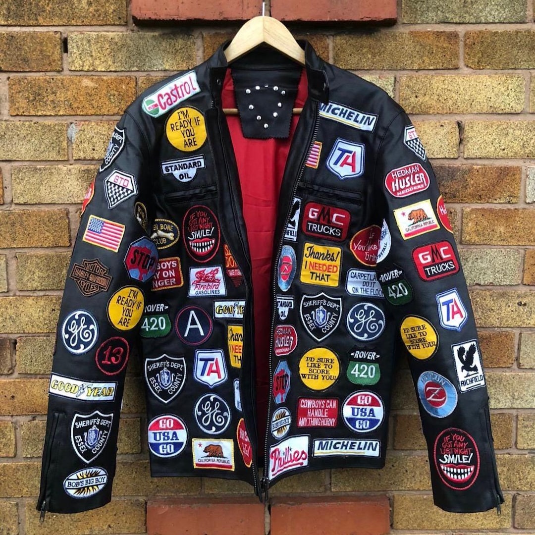 Punk Style Cafe Racer Jacket Handmade Embroidery Patchwork Black ...