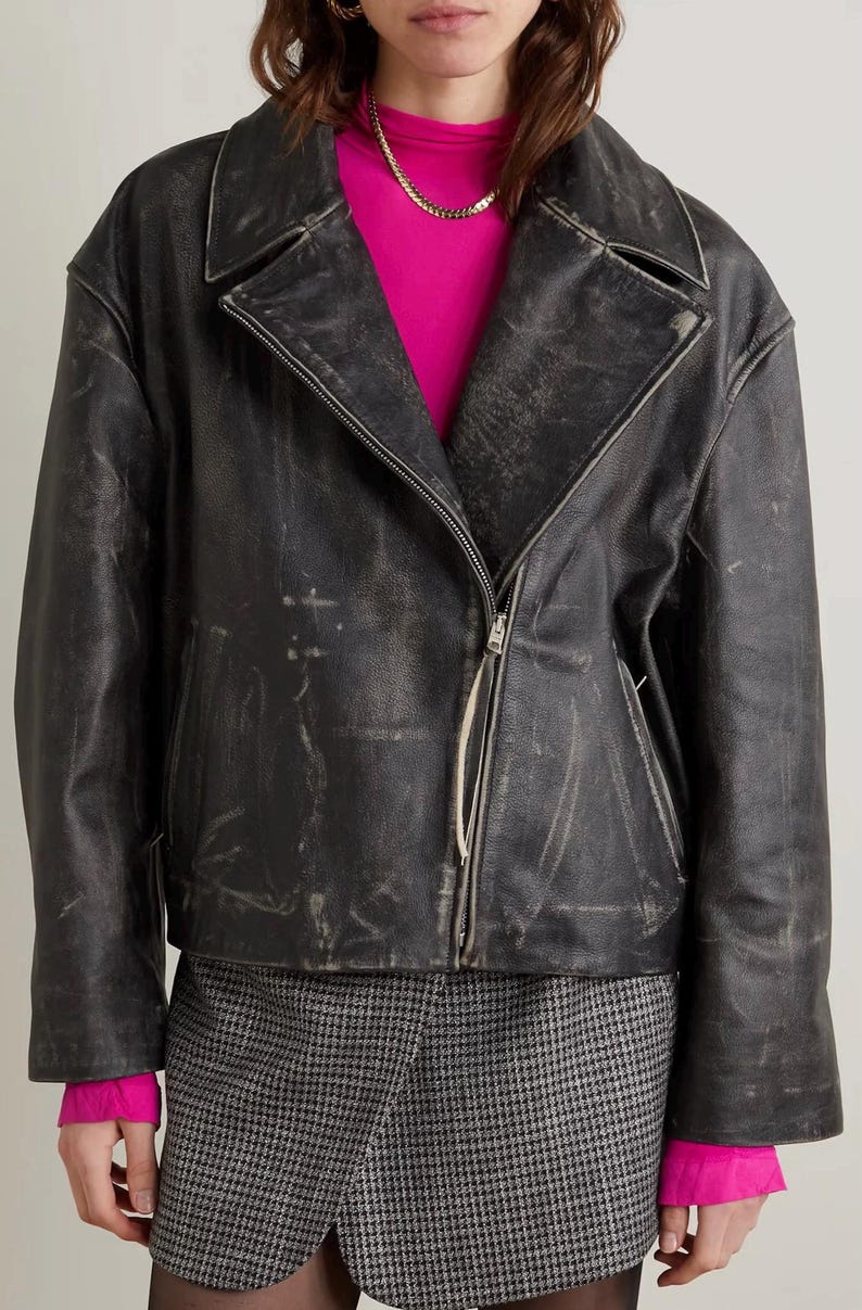 60s Distressed Oversized Biker Jacket, Handmade Boxy Black Real ...