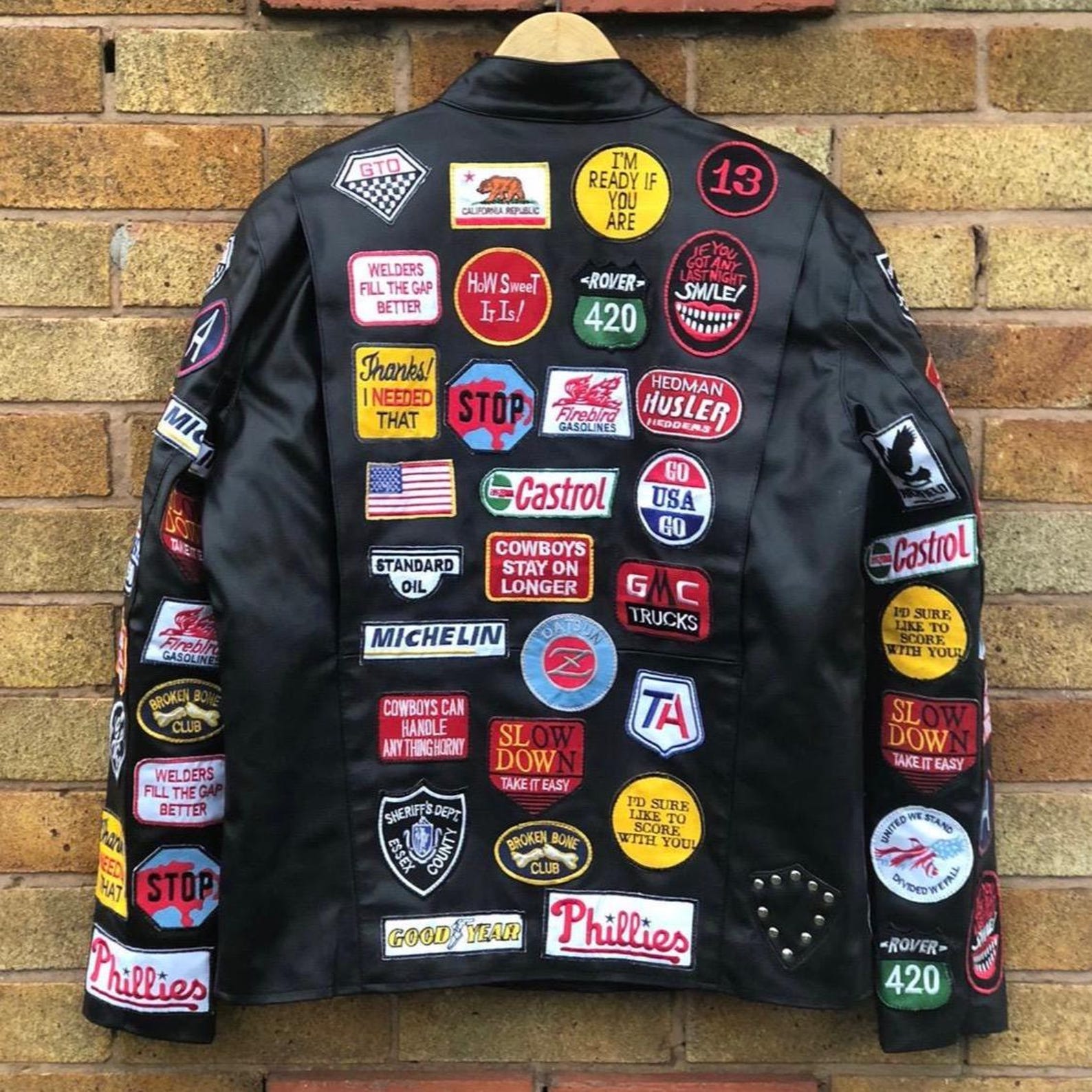 Punk Style Cafe Racer Jacket Handmade Embroidery Patchwork Black ...