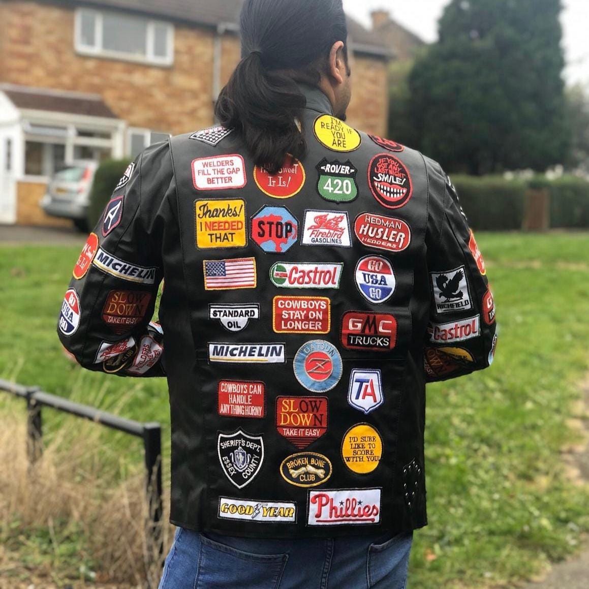 Punk Style Cafe Racer Jacket Handmade Embroidery Patchwork Black ...