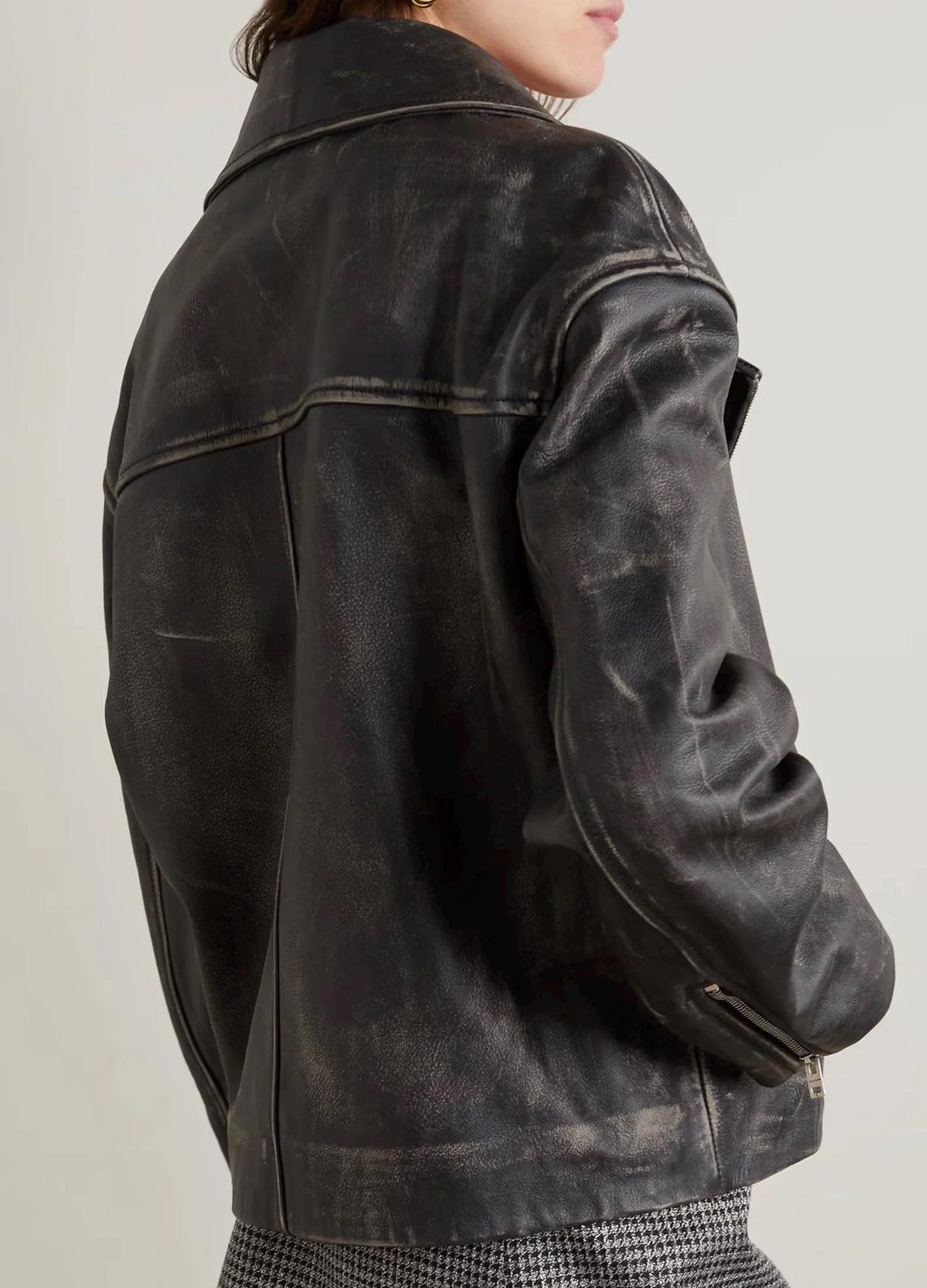 60s Distressed Oversized Biker Jacket, Handmade Boxy Black Real ...
