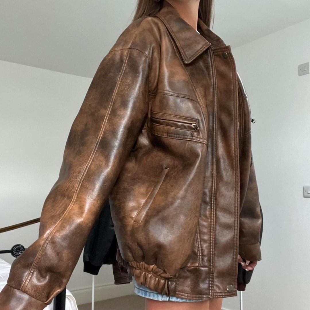 40s & 60s Vintage Style Oversized Leather Jacket, Handmade Distressed ...