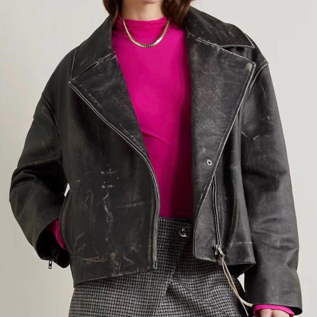 60s Distressed Oversized Biker Jacket, Handmade Boxy Black Real ...
