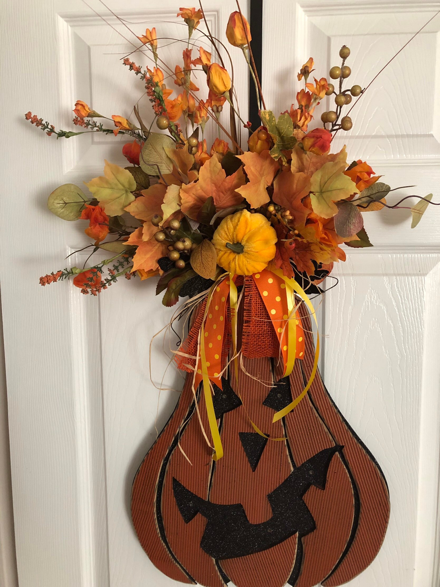 Wood Orange and Black Door Hangerhalloween Pumpkin,mouth and Eyes Light ...