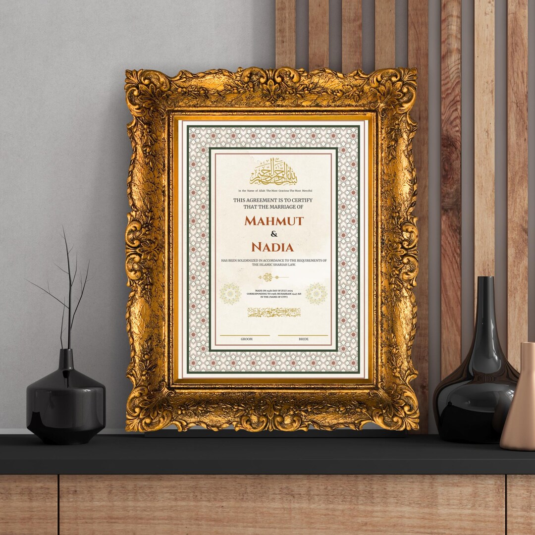 Minimalist Gold Border Nikah Certificate | Islamic Marriage Certificate ...
