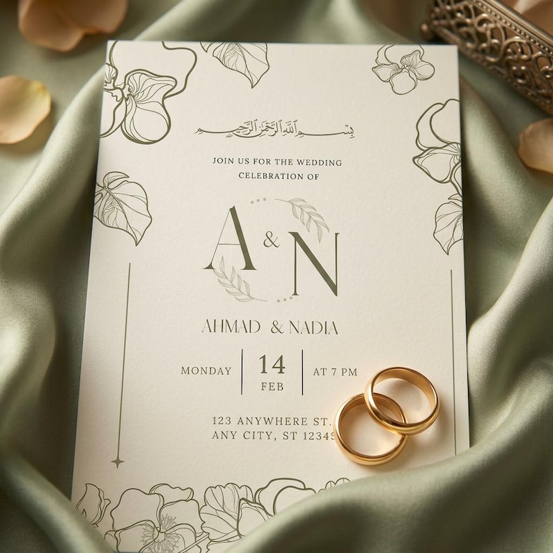 Minimal Islamic Wedding Invitation, Monogram Nikkah Invite, Muslim ...