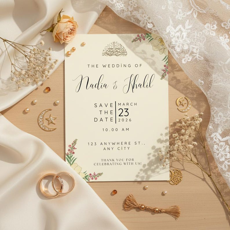 Editable Islamic Save the Date, Floral Nikkah Invite Template Canva ...