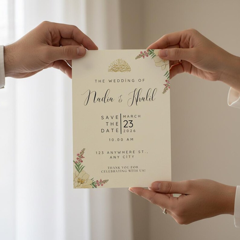 Editable Islamic Save the Date, Floral Nikkah Invite Template Canva ...