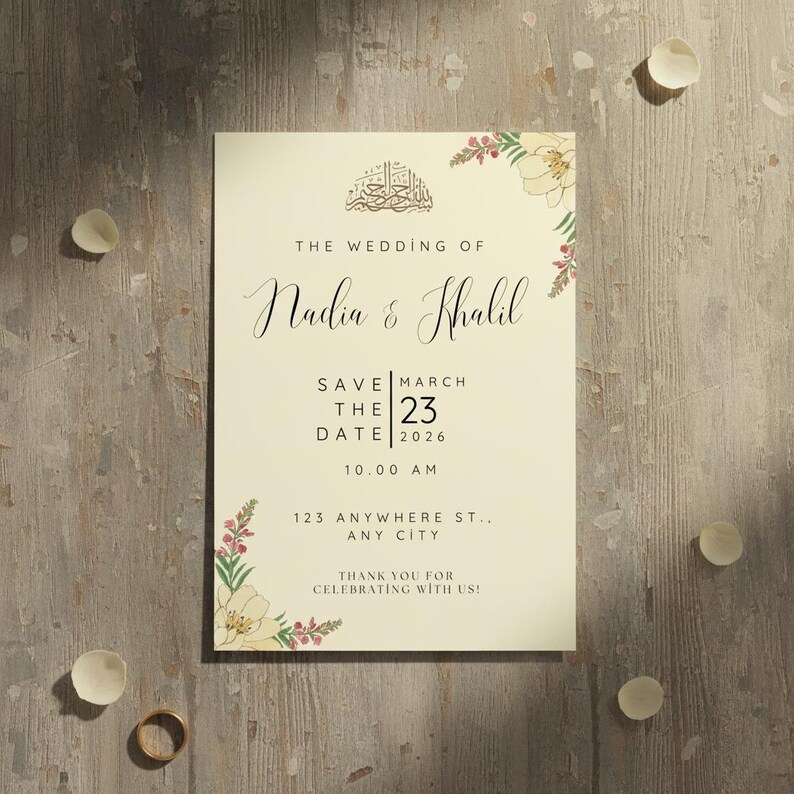 Editable Islamic Save the Date, Floral Nikkah Invite Template Canva ...
