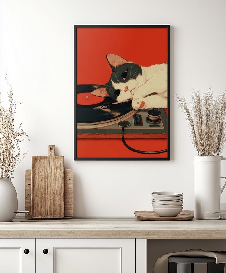 Japanese Wall Art, Retro Cat Poster, Cute Cat Poster, Gift for Music ...