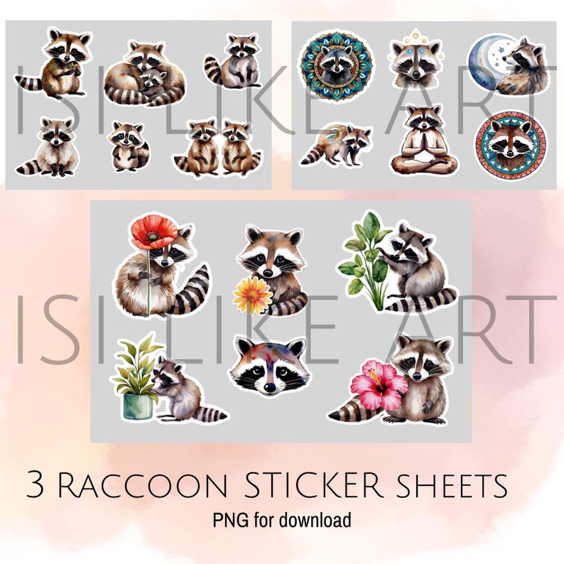 Raccoon Sticker Bundle Digital Printable Png Sticker Sheets ...