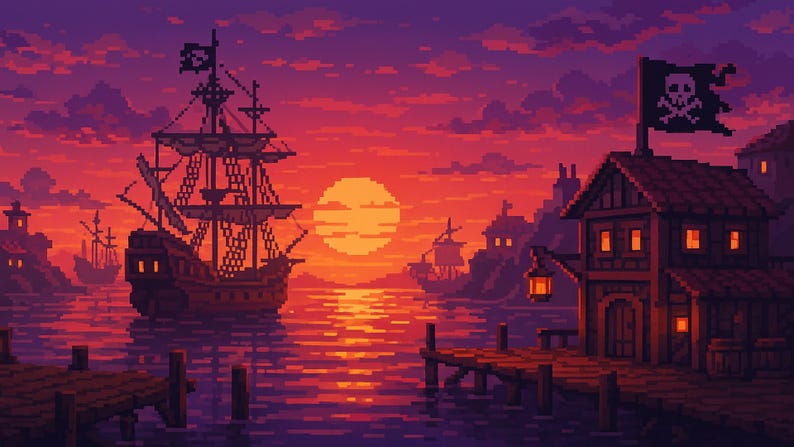 Pixel Pirate Harbor Sunset Wallpaper – Retro Pixel Art for Gamers ...