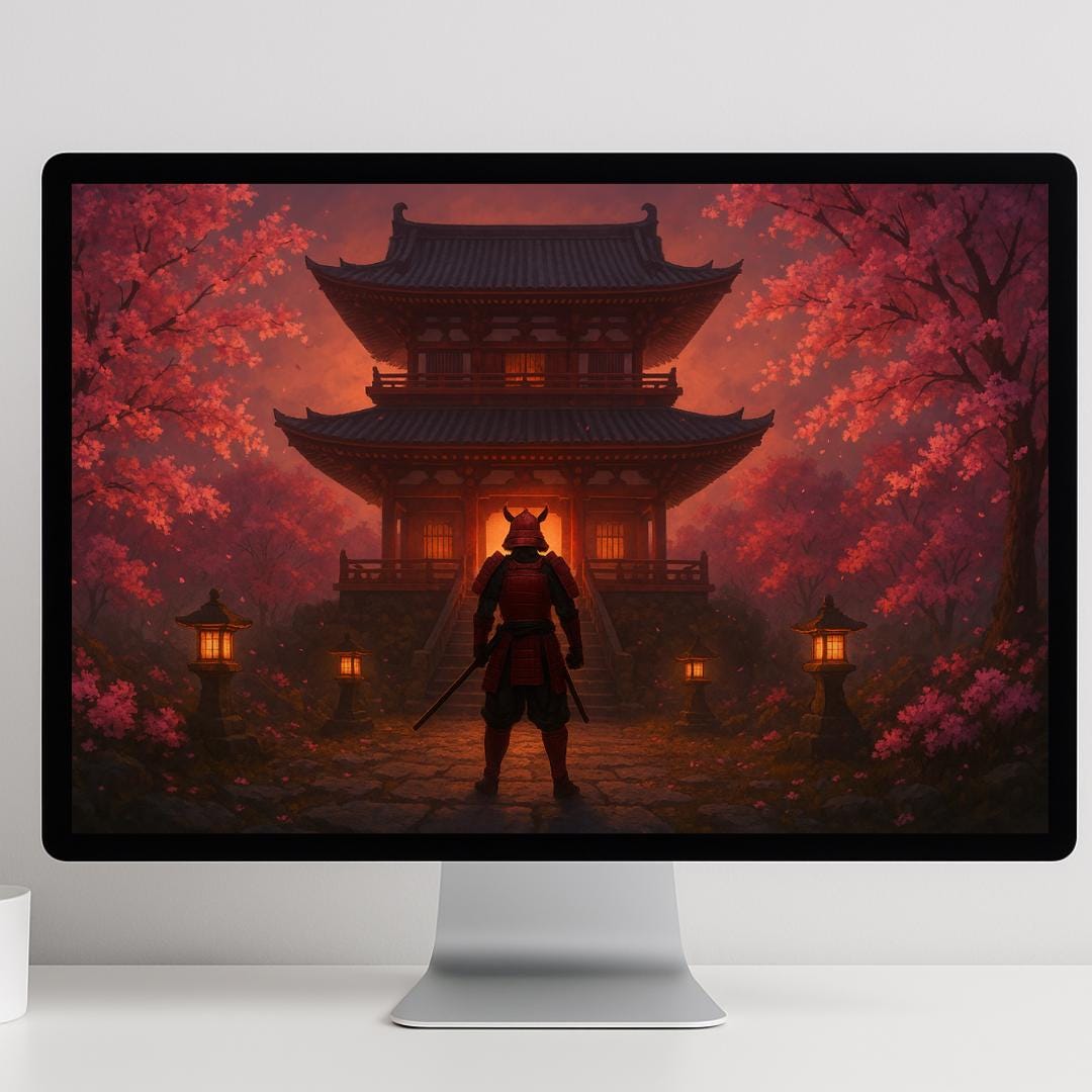 Samurai Temple at Dusk Wallpaper – Japanese Fantasy Art With Cherry ...
