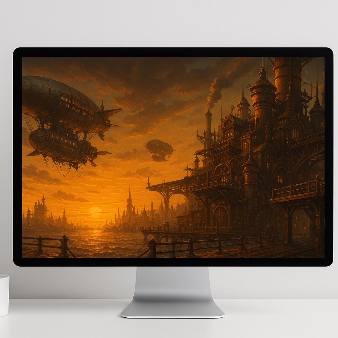 Steampunk Airship Dock Wallpaper – Industrial Fantasy Scene for Gamers ...