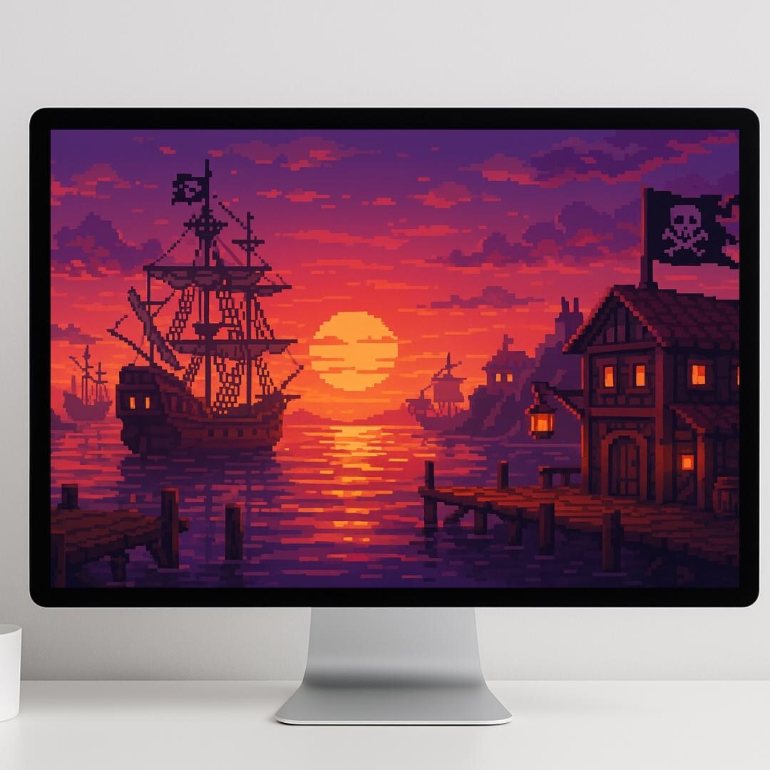Pixel Pirate Harbor Sunset Wallpaper – Retro Pixel Art for Gamers ...