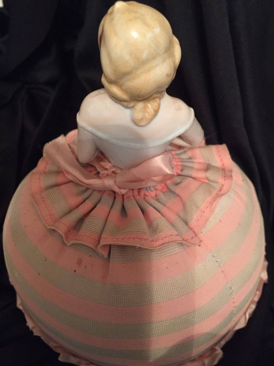 Vintage Pin Cushion Half Doll In Pink And Green Stripe Skirt Etsy