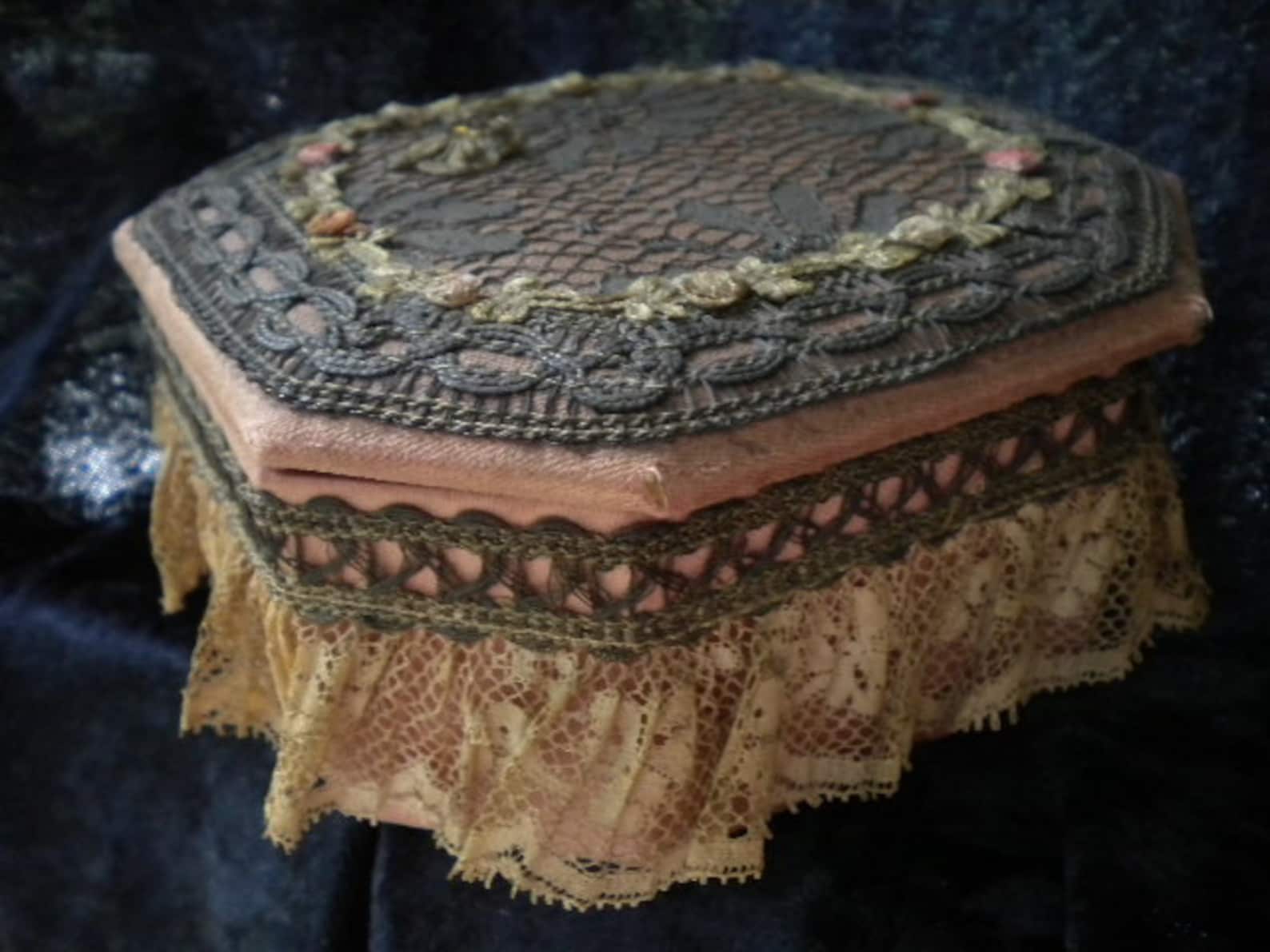 Antique Ribbonwork Keepsake Box With Gold Bullion Trim and Ecru Lace ...