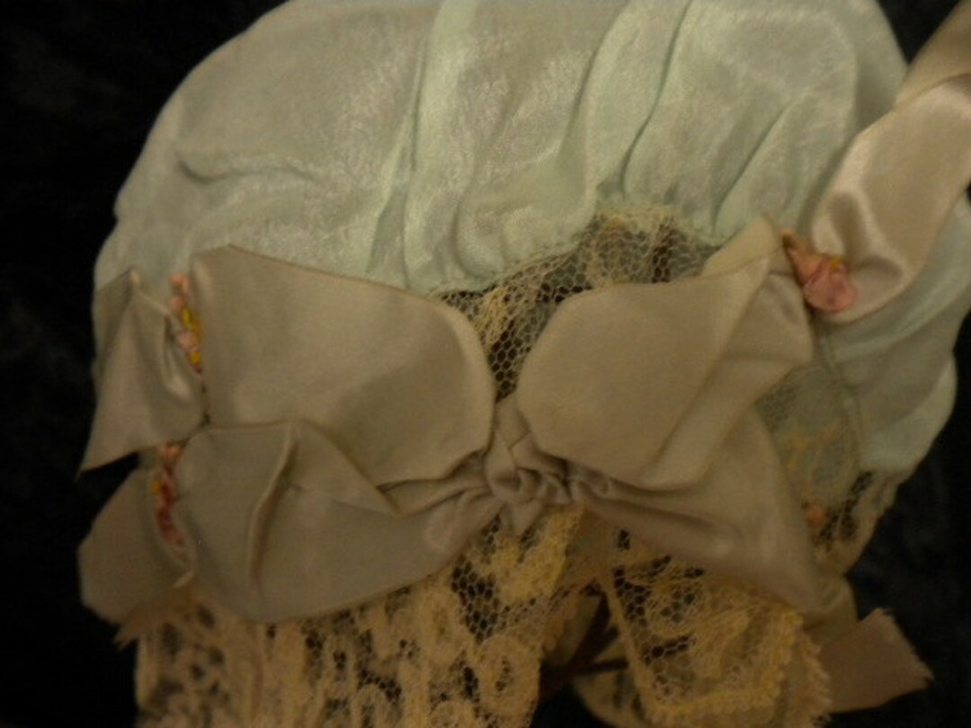 Nightcap Lovely Green Silk Antique Women's Night Bonnet With Ribbon ...
