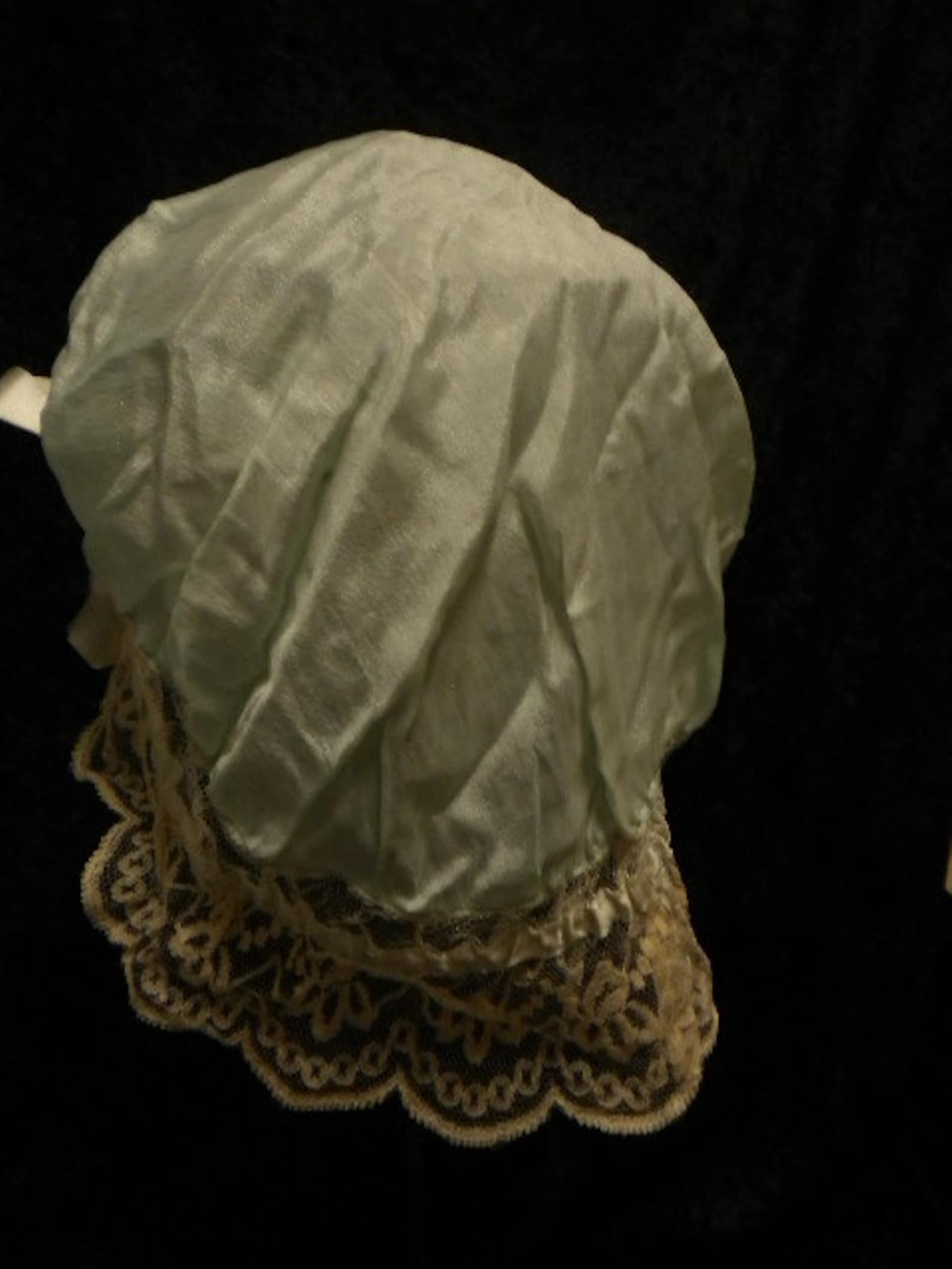 Nightcap Lovely Green Silk Antique Women's Night Bonnet With Ribbon ...