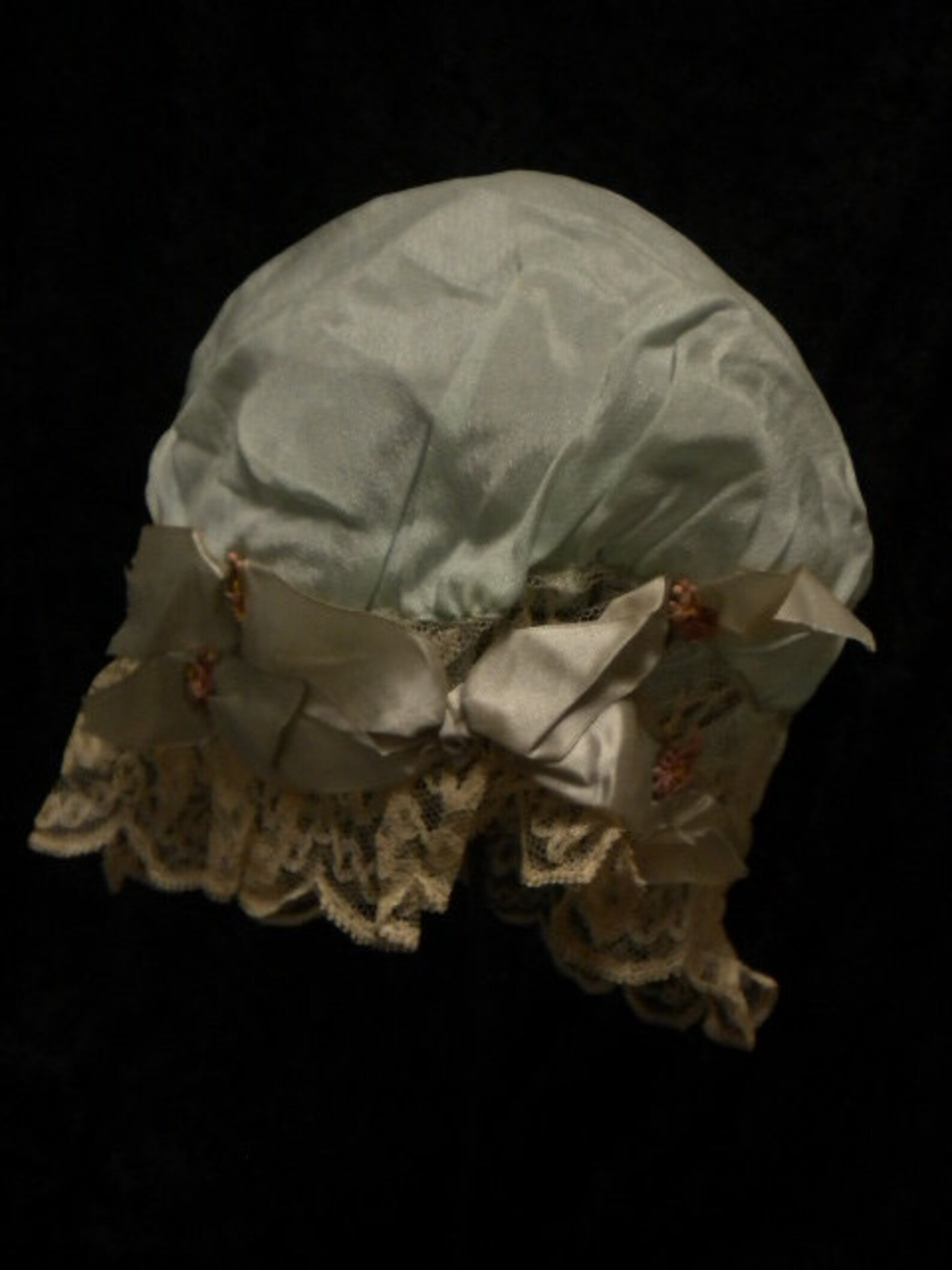 Nightcap Lovely Green Silk Antique Women's Night Bonnet With Ribbon ...