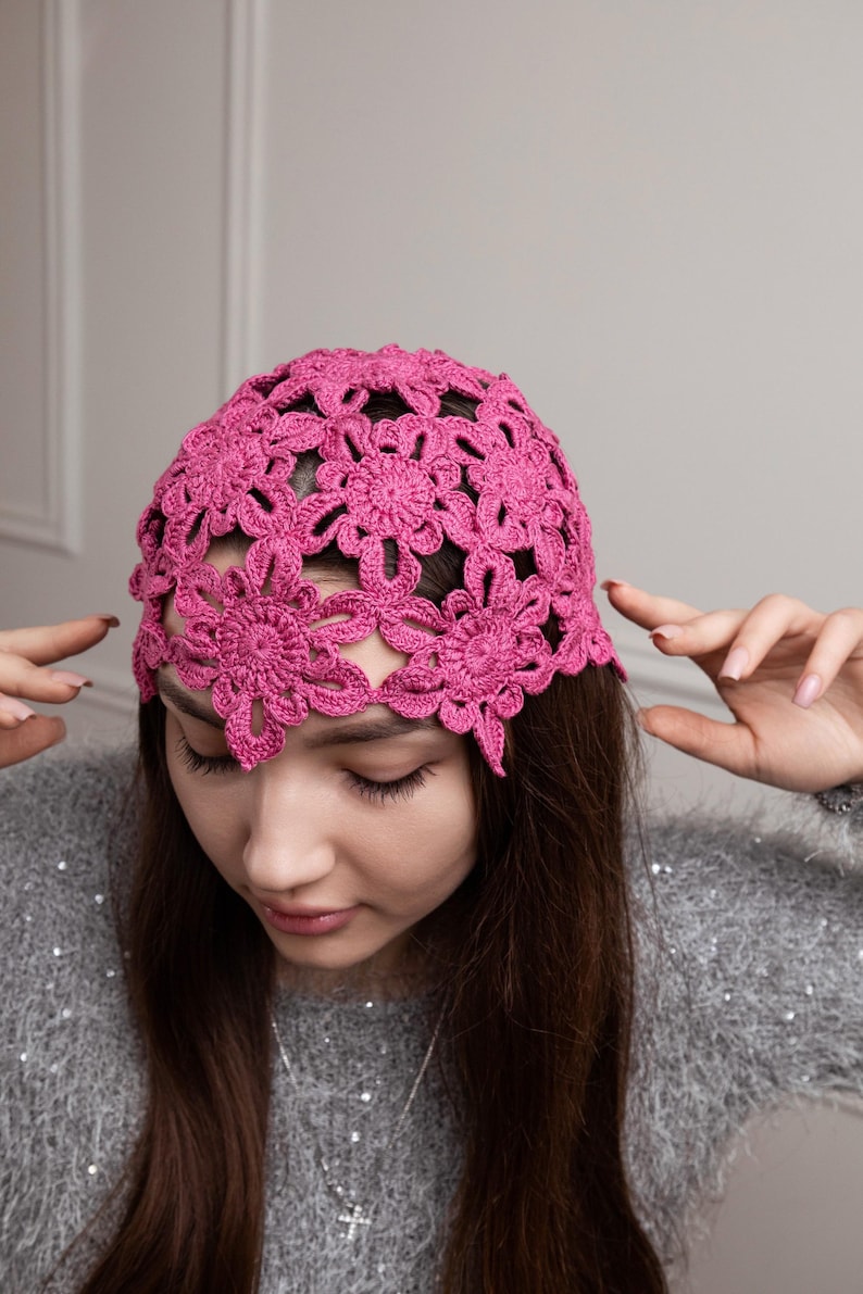 Crochet Pattern Hat Beanie Summer Flower Hat Boho Style Headwear ...