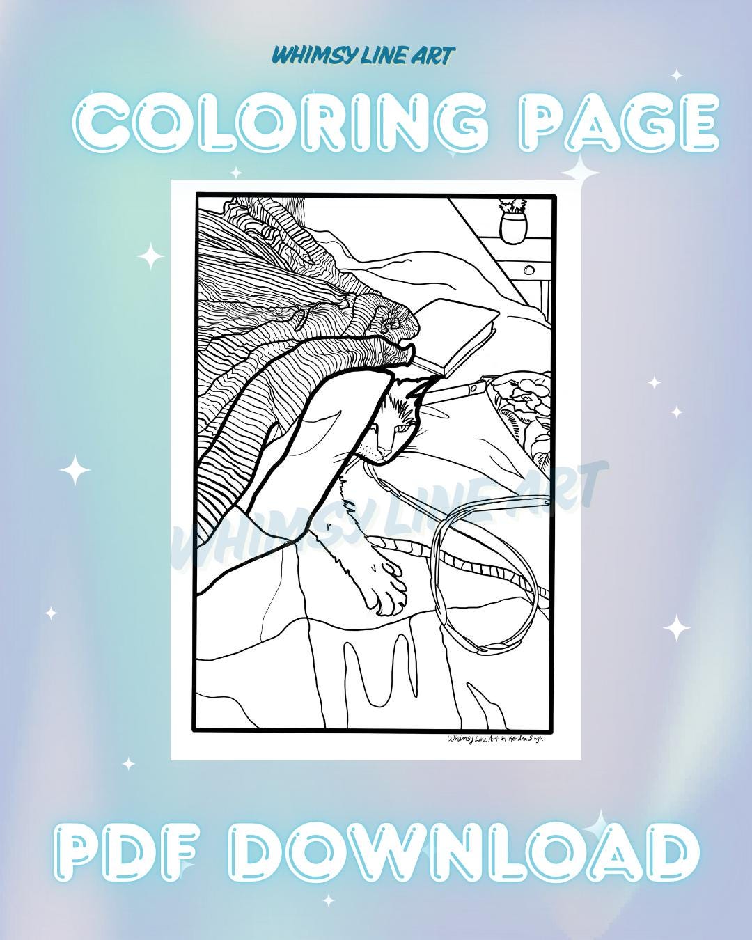 Waking up Cat Coloring Page – Hand Drawn Cozy Line Art – Printable Cat ...