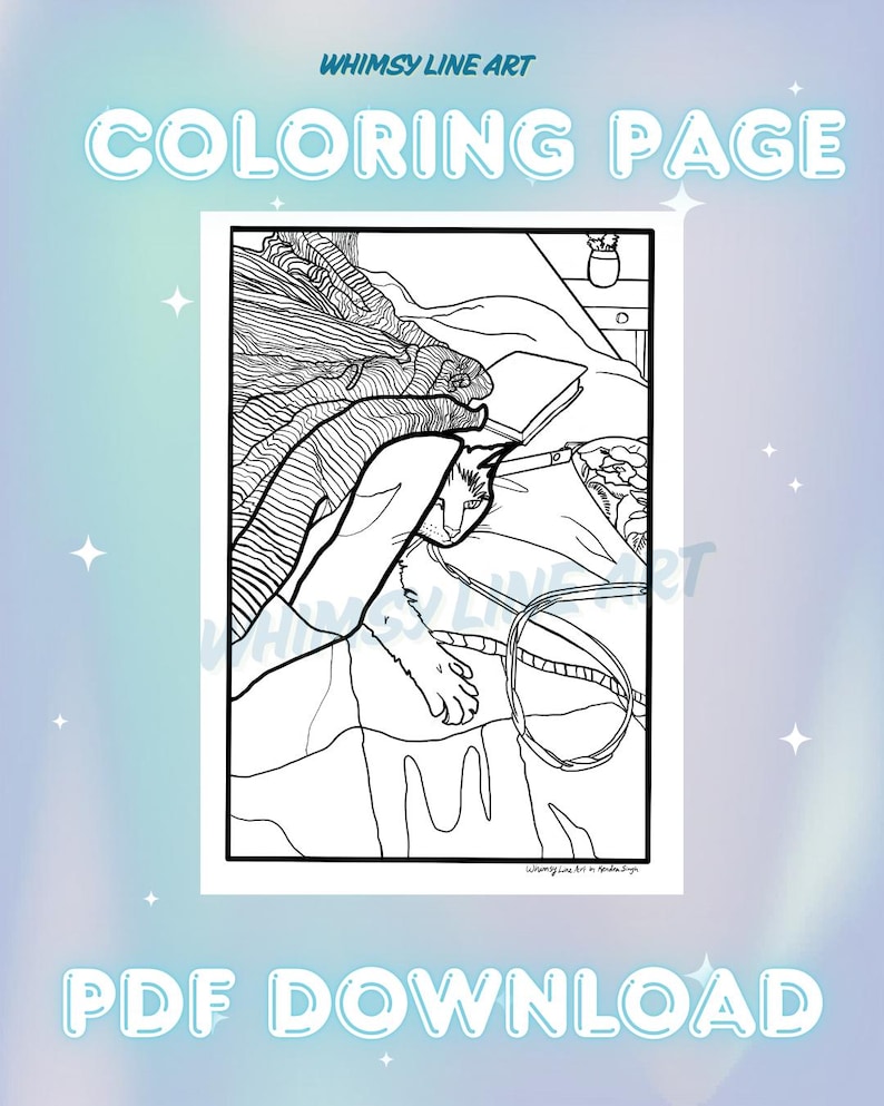 Waking up Cat Coloring Page – Hand Drawn Cozy Line Art – Printable Cat ...