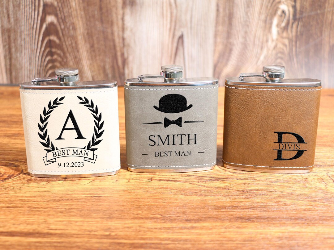 Personalized Leather Flask + Cups Set, Custom Name Engraved Best Man ...