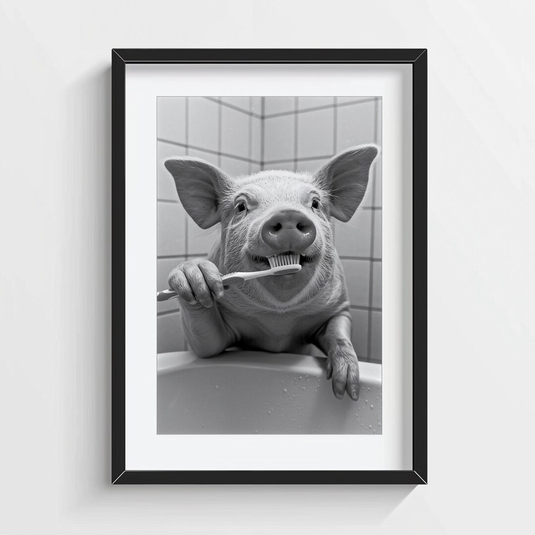 Funny Pig Wall Art, Pig Brushing Teeth, Quirky Bathroom Wall Decor ...