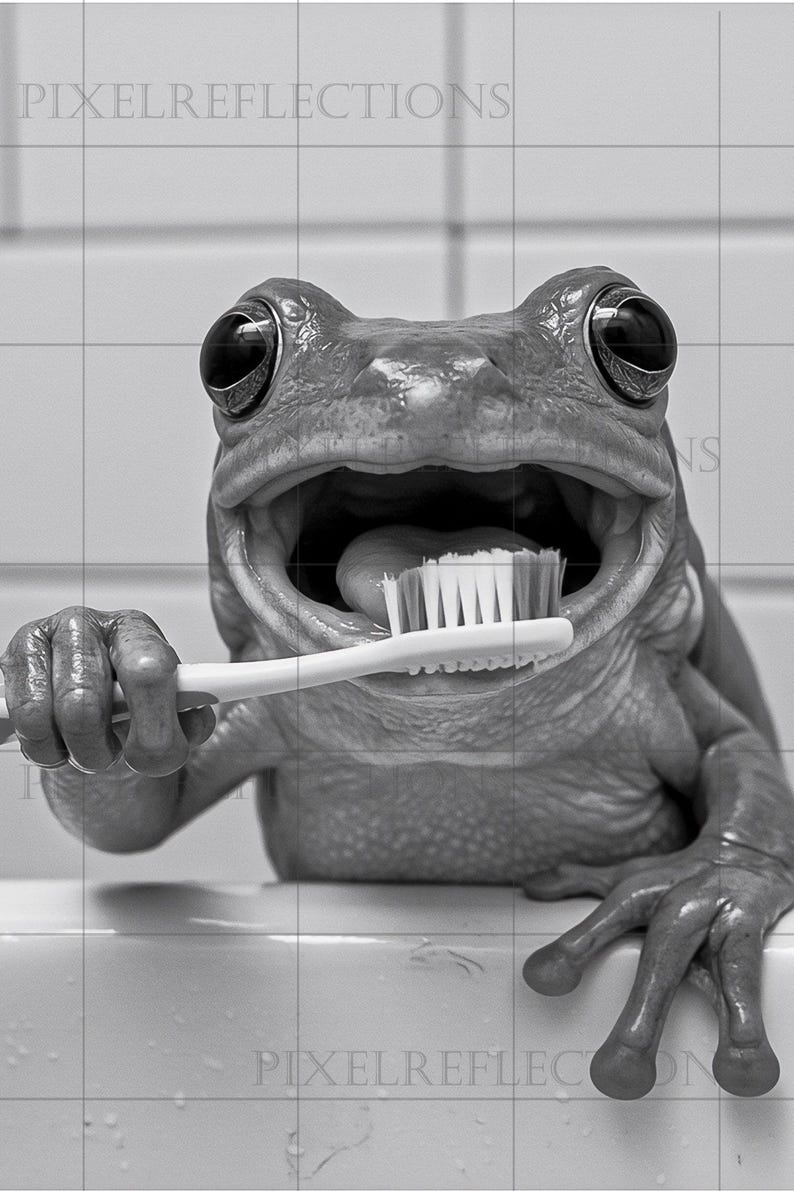 Funny Frog Wall Art, Frog Brushing Teeth, Quirky Bathroom Wall Decor ...