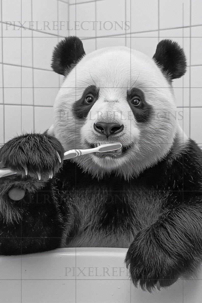 Funny Panda Wall Art, Panda Brushing Teeth, Quirky Bathroom Wall Decor ...