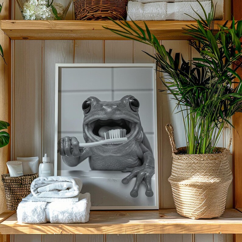 Funny Frog Wall Art, Frog Brushing Teeth, Quirky Bathroom Wall Decor ...