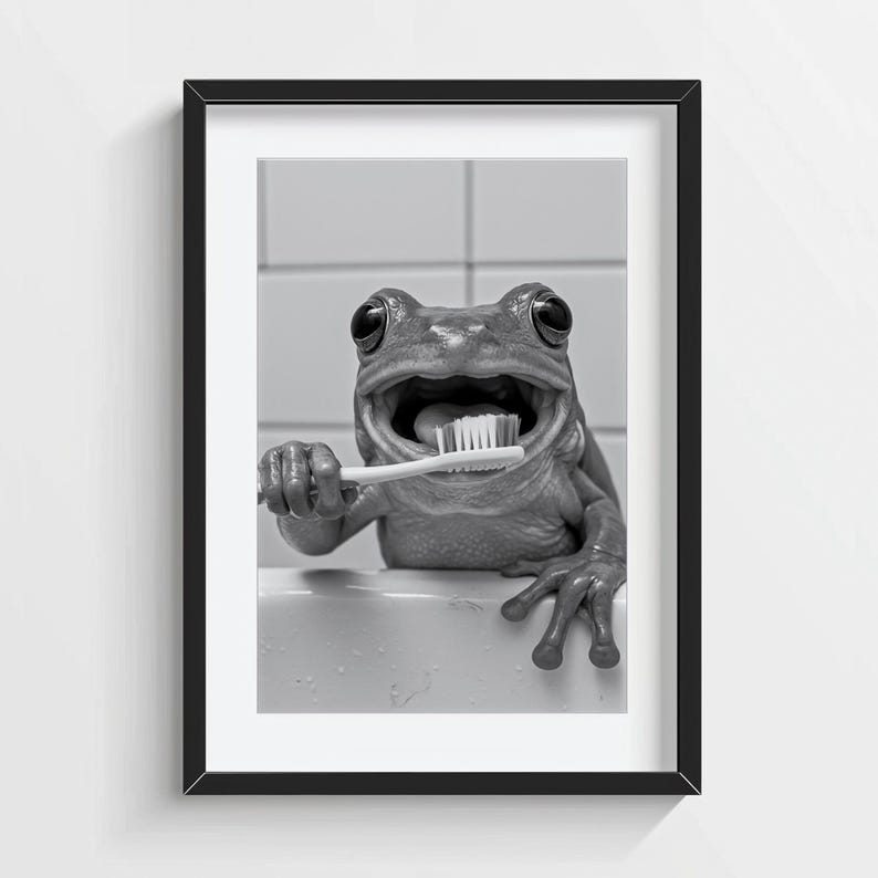 Funny Frog Wall Art, Frog Brushing Teeth, Quirky Bathroom Wall Decor ...