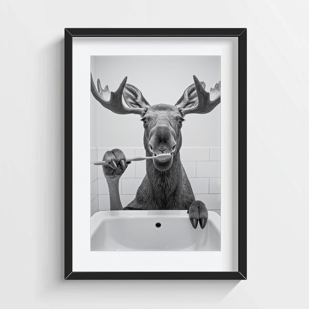 Moose Brushing Teeth ,funny Bathroom Wall Art,moose Humor Print ...