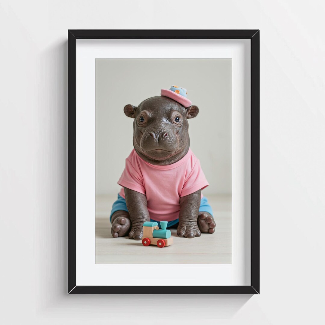 Cute Baby Hippo Playing With Toy Train - Whimsical Nursery Wall Art ...
