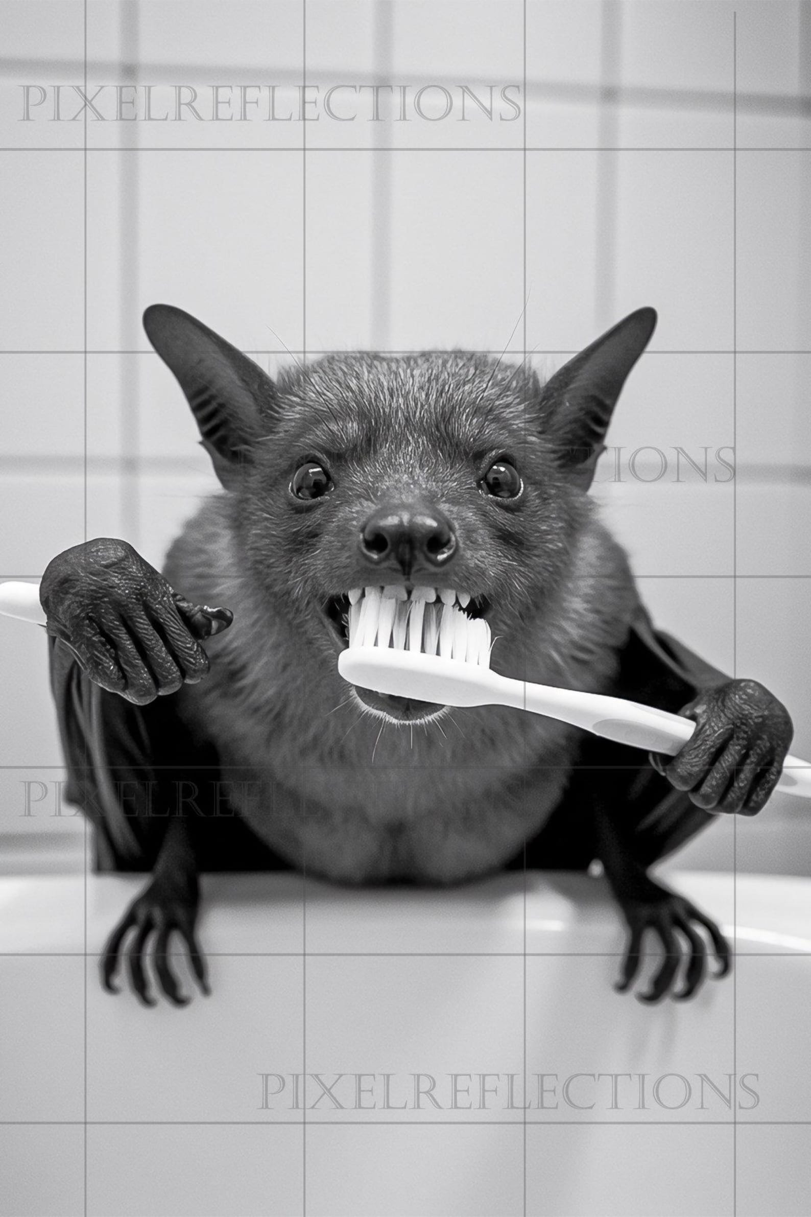Funny Bat Wall Art, Bat Brushing Teeth, Quirky Bathroom Wall Decor ...