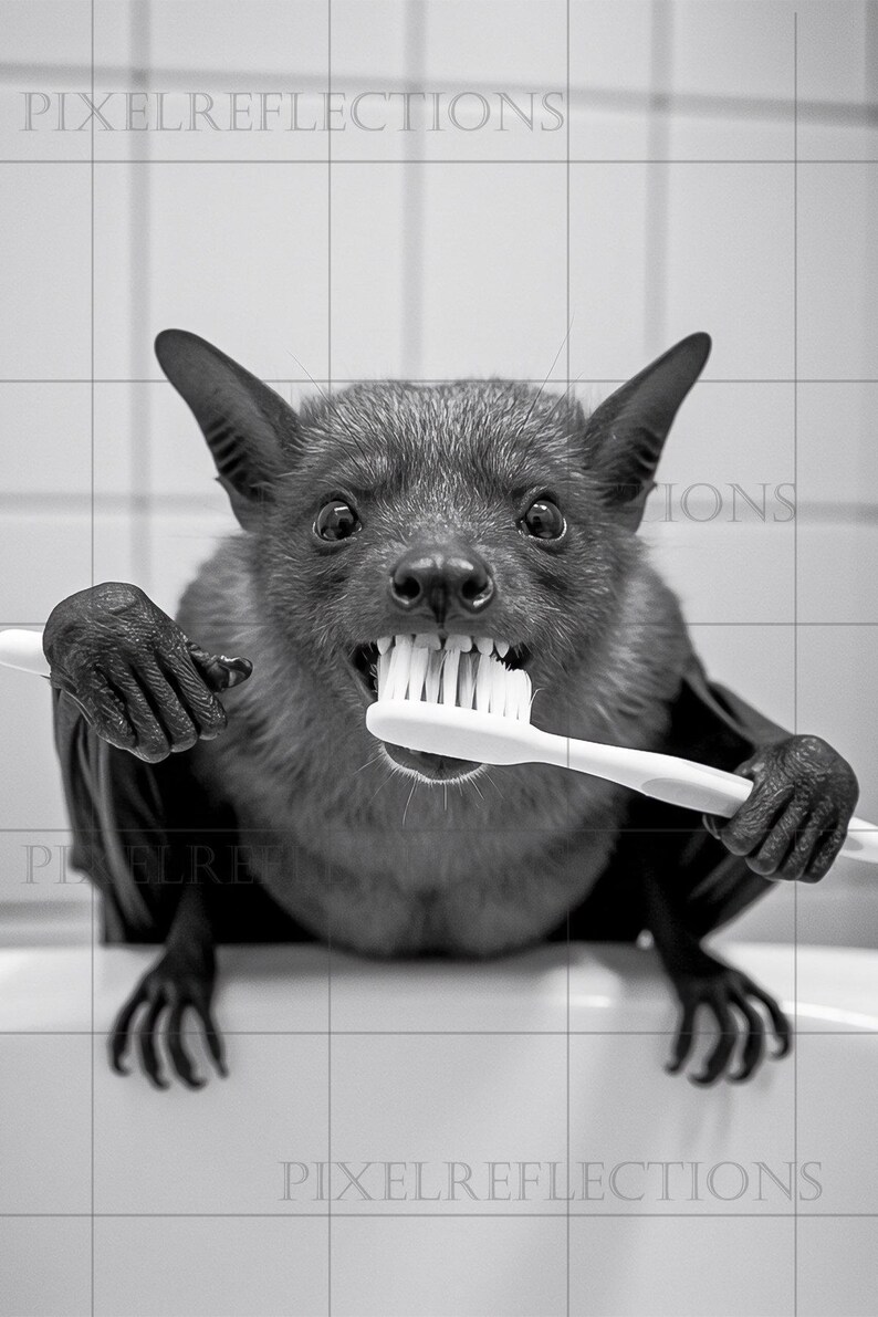 Funny Bat Wall Art, Bat Brushing Teeth, Quirky Bathroom Wall Decor ...