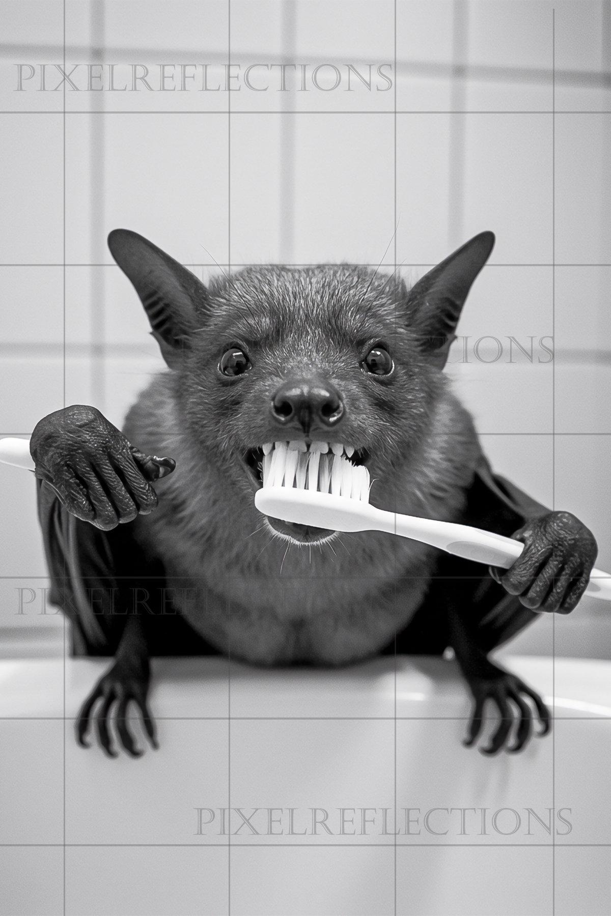 Funny Bat Wall Art, Bat Brushing Teeth, Quirky Bathroom Wall Decor ...
