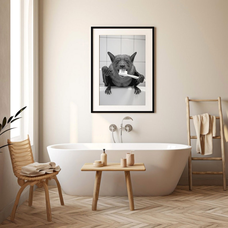 Funny Bat Wall Art, Bat Brushing Teeth, Quirky Bathroom Wall Decor ...
