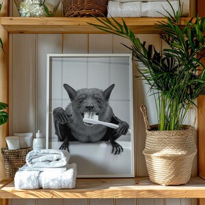 Funny Bat Wall Art, Bat Brushing Teeth, Quirky Bathroom Wall Decor ...