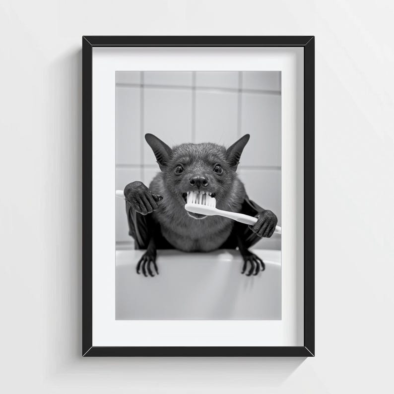 Funny Bat Wall Art, Bat Brushing Teeth, Quirky Bathroom Wall Decor ...