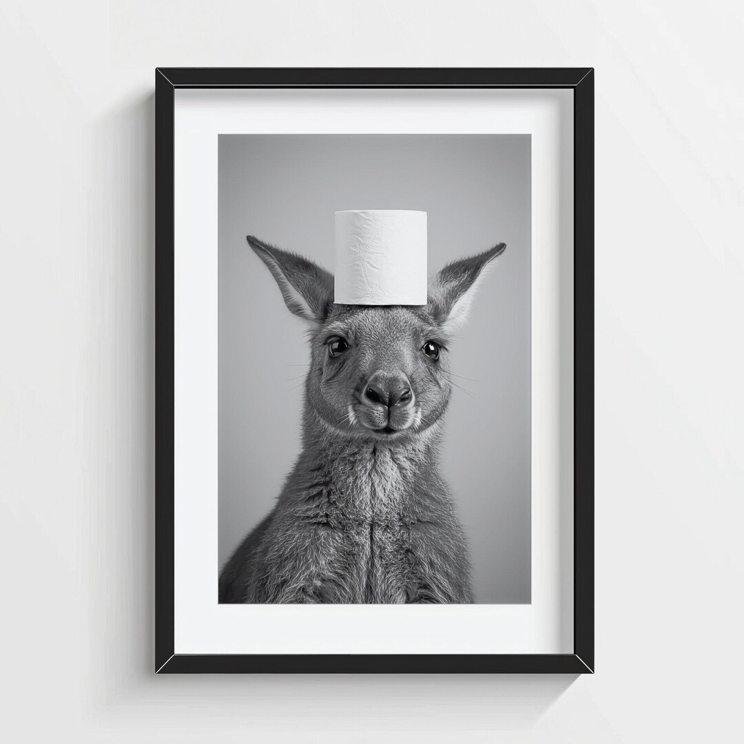 Funny Kangaroo Bathroom Print: Toilet Paper Hat, Quirky Animal Art ...