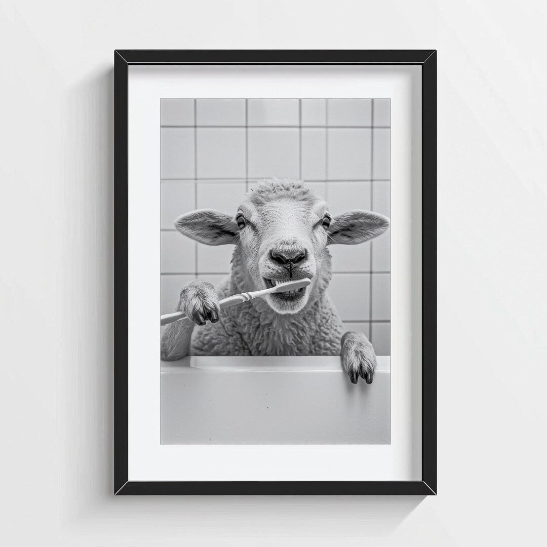 Funny Sheep Wall Art, Sheep Brushing Teeth, Quirky Bathroom Wall Decor ...