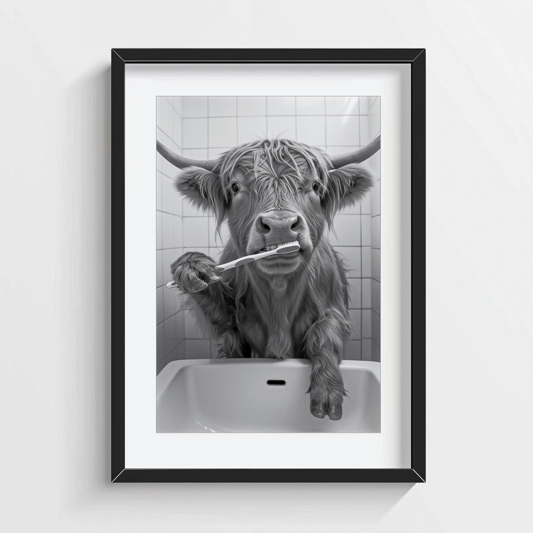 Funny Highland Cow Brushing Teeth Print: Quirky Bathroom Decor (digital ...